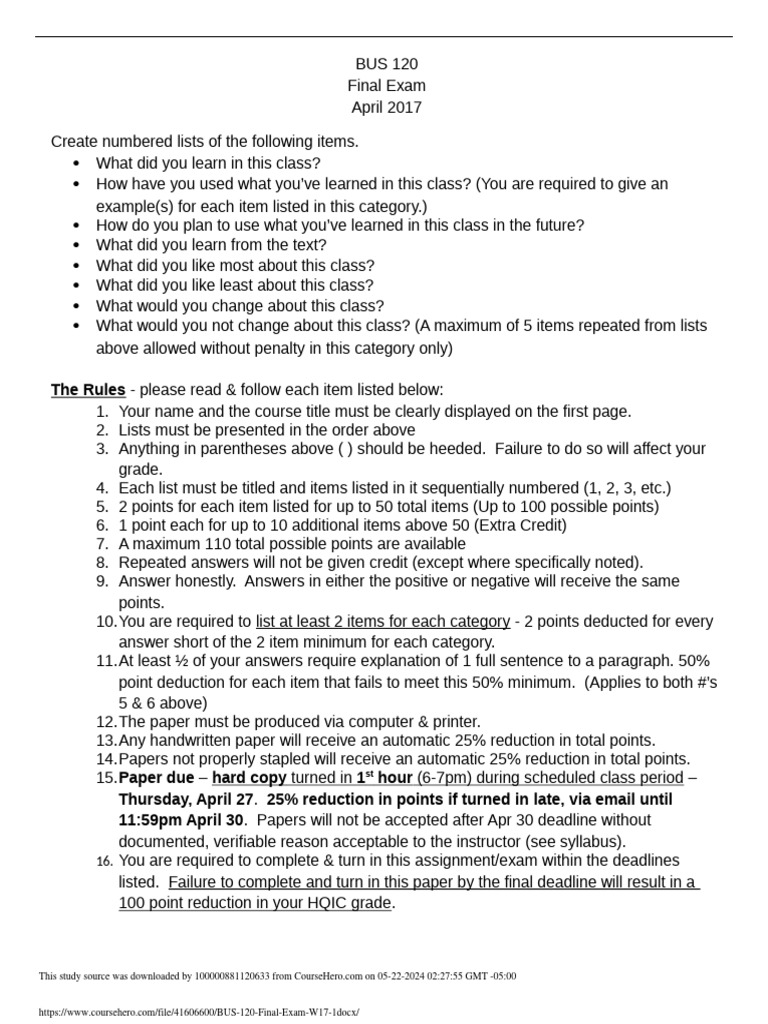 BUS 120 Final Exam W17 1 | PDF
