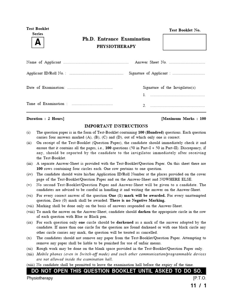 Question Paper - PHD Entrance - Physiotherapy | Download Free PDF ...