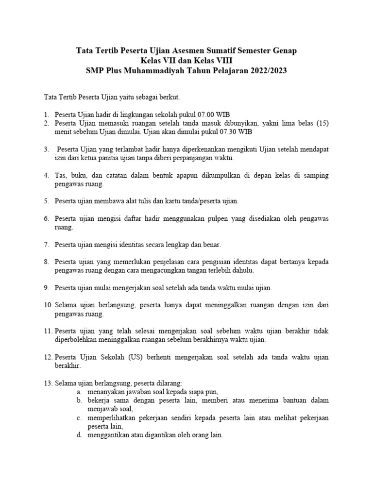 Perbaiki TATA TERTIB PENILAIAN SUMATIF Sem Genap 78 TP 2023 | PDF