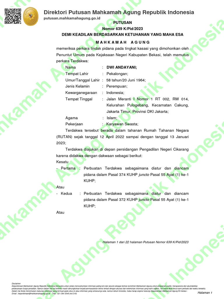 Putusan Kasasi Dwi Andayani 639 K/Pid/2023 | PDF