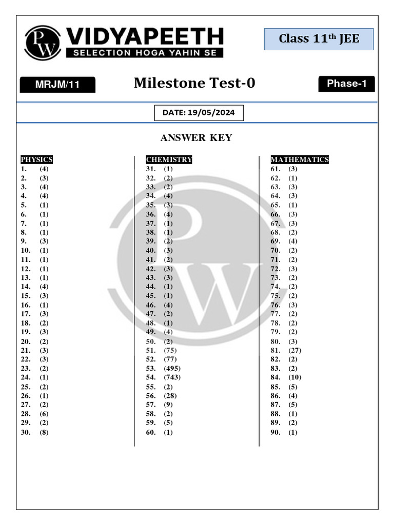 Milestone Test - 00 - Answer Key | PDF | Isotope | Electron