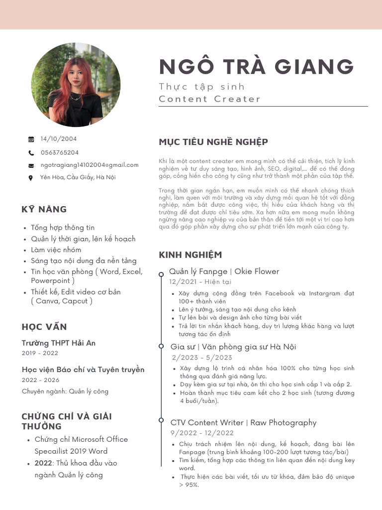 CV - Content Creater - Ngo Tra Giang | PDF