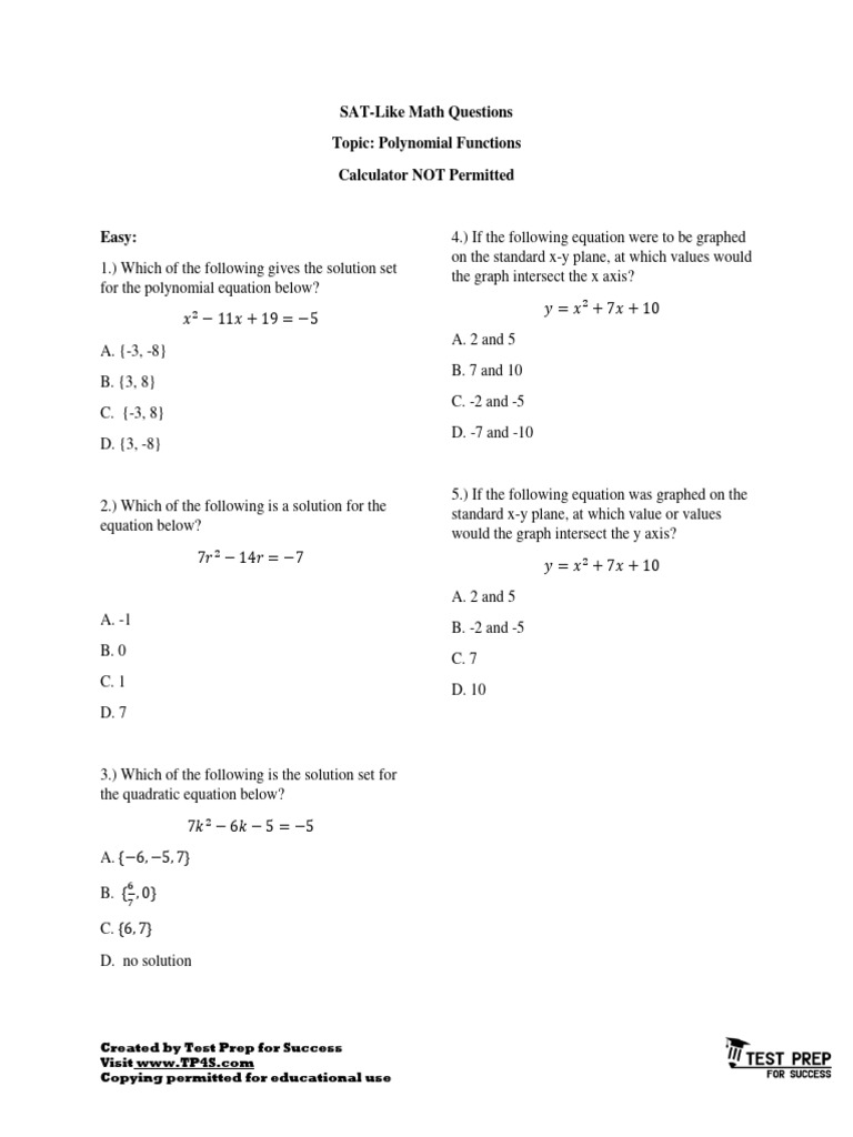 SAT Polynomial Functions Practice | PDF | Equations | Polynomial