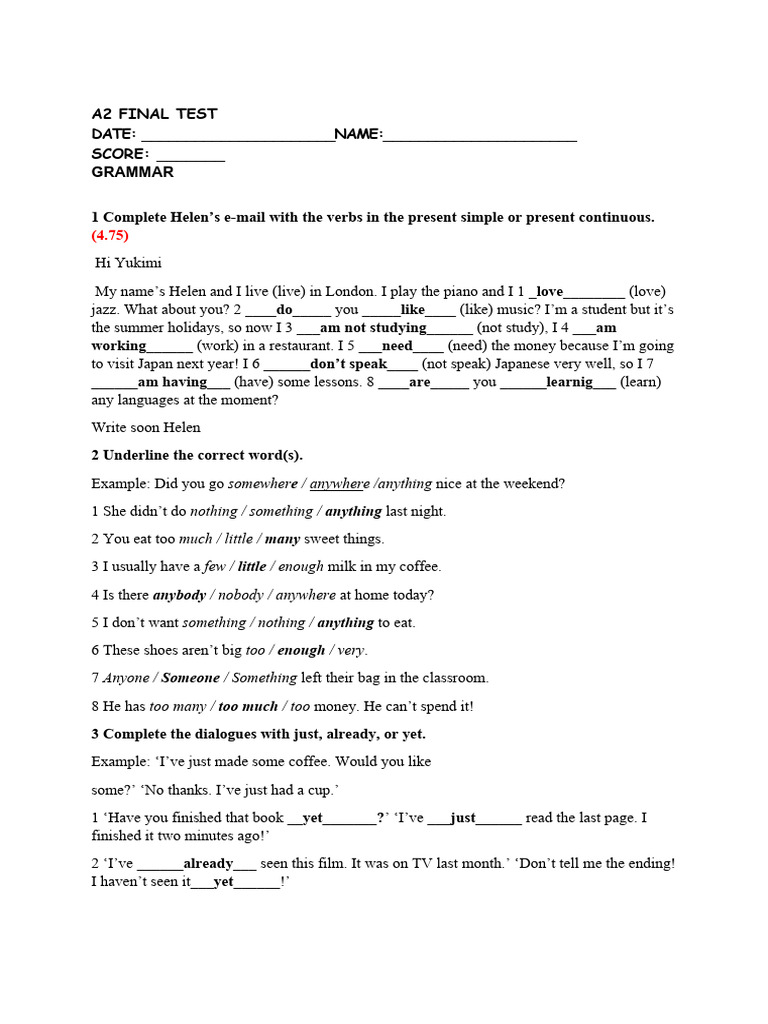 A2 Final Test Download Free Pdf Linguistics