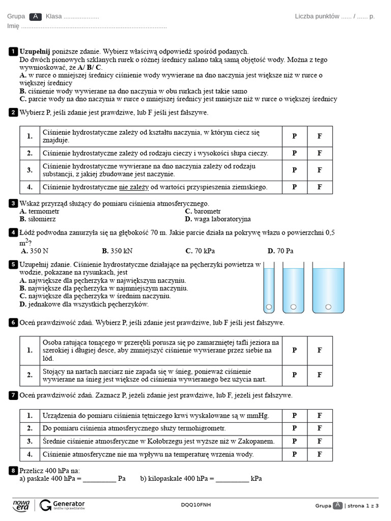 3.15 CiÅ Nienie Hydrostatyczne, Ciå Nienie Atmosferyczne Test (Bez ...
