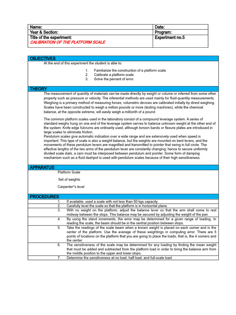 Torrecampome - Lab1 - Exp5 - Calibration of The Platform Scale | PDF ...