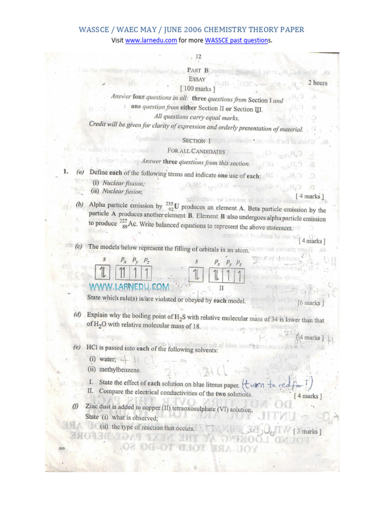 WASSCE WAEC May June 2006 Chemistry Theory | PDF | Technology & Engineering