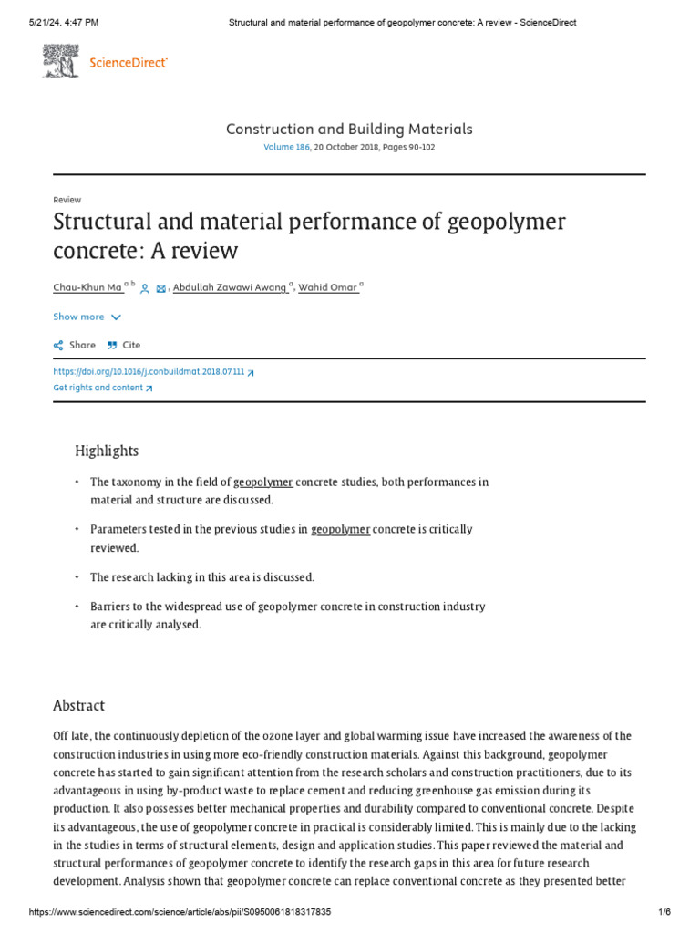 Structural and Material Performance of Geopolymer Concrete - A Review ...