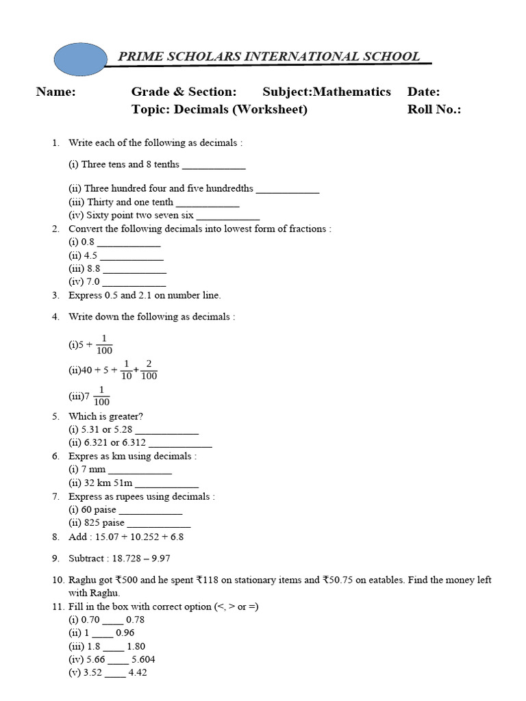 Grade 6 Decimals Worksheet | PDF