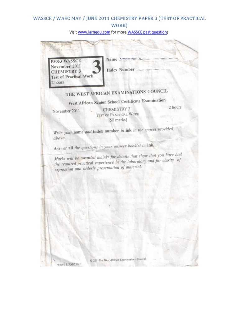 WASSCE WAEC NOV Dec 2011 Chemistry Paper 3 Test of Practical Work | PDF