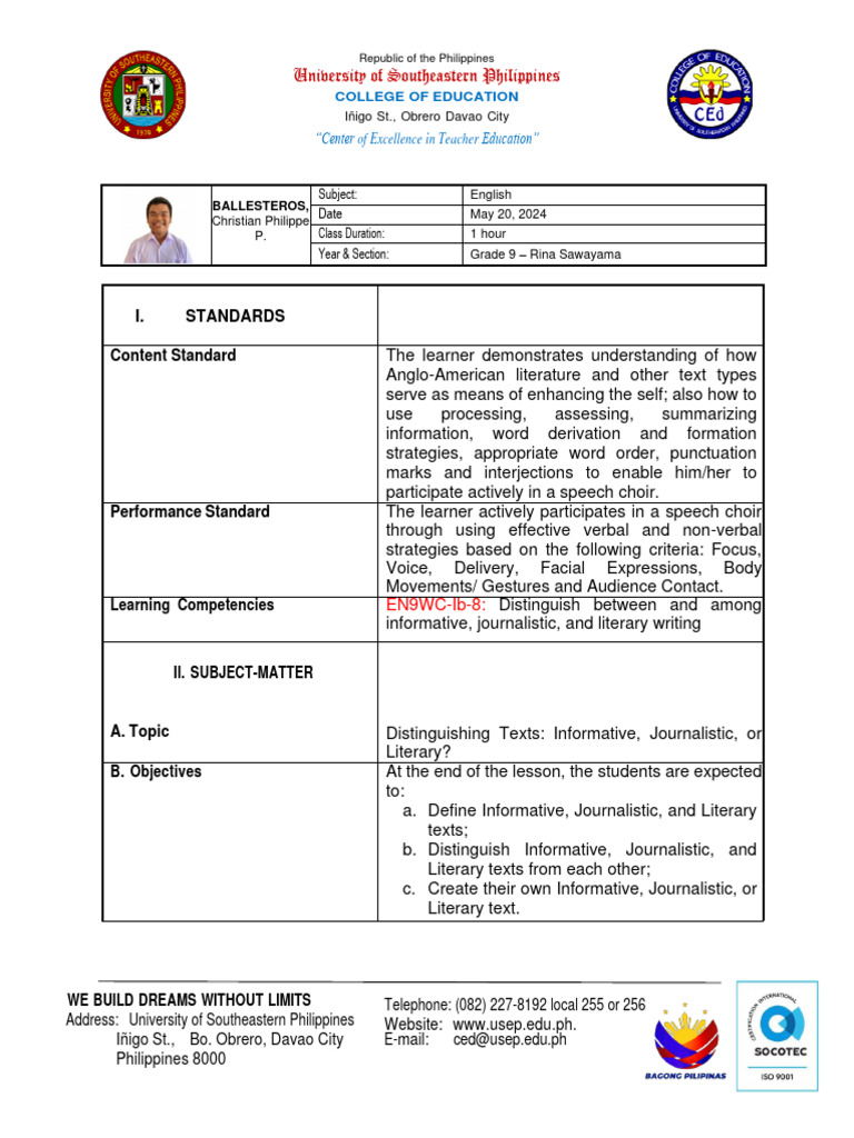 Ballesteros, Christian Philippe Bsed-Eng 1 TTL Lesson Plan Le1 | PDF | Human Communication
