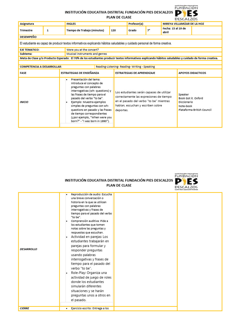 FORMATO PLAN DE CLASE INSTITUCIONAL 7 ° SEMANA DEL 15 al 19 abril (1) | PDF | Aprendizaje ...