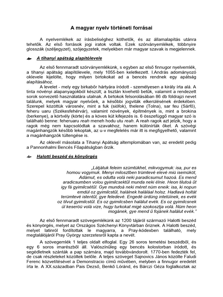 A Magyar Nyelv Tortenet Forrasai | PDF
