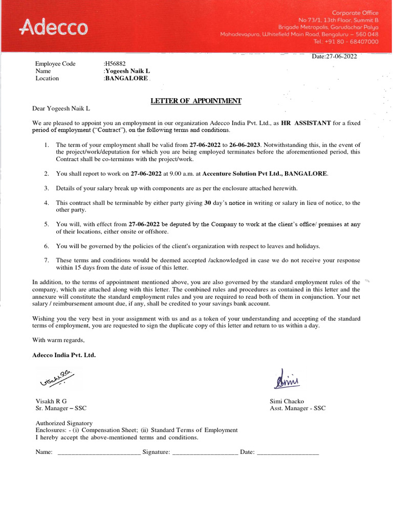 Yogeesh 3 85107 Appointment Letter | PDF | Employment | Indemnity