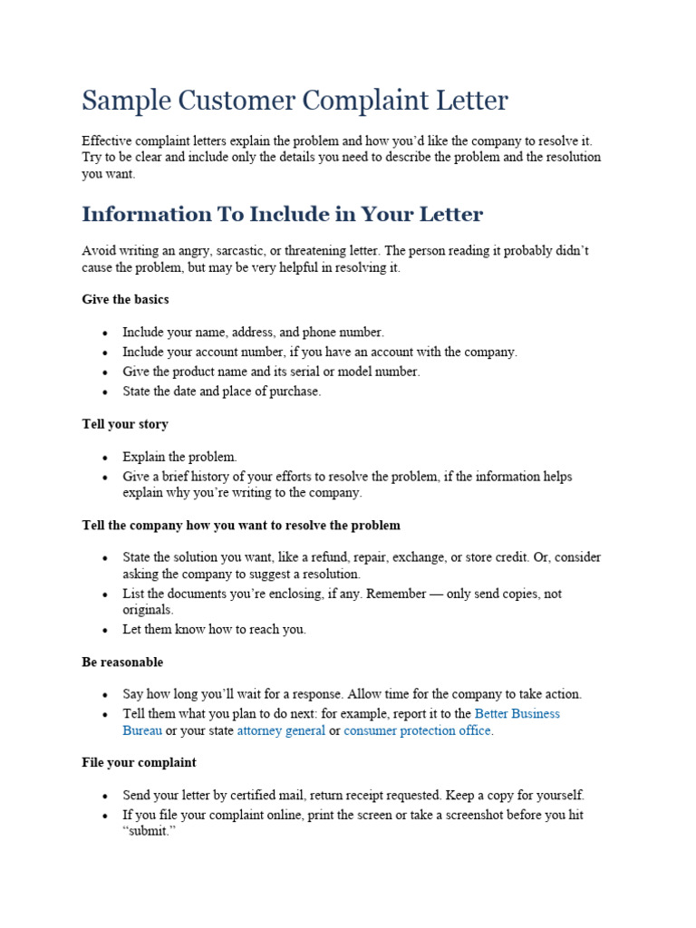 Sample Customer Complaint Letter | PDF | Receipt | Complaint