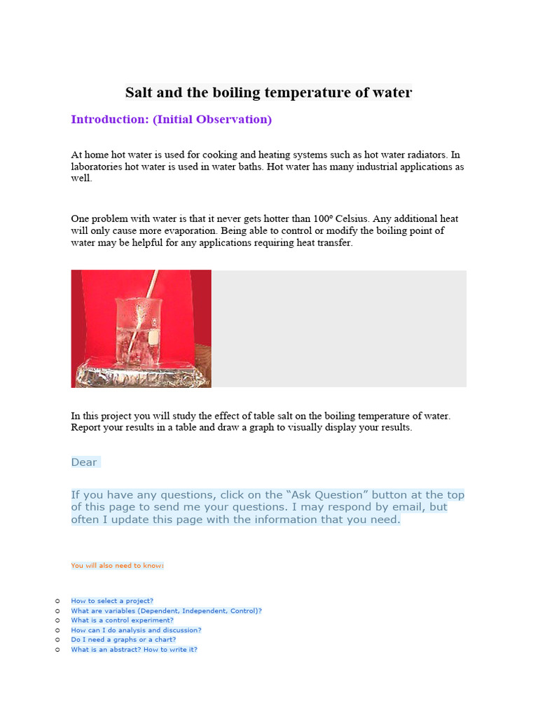Science Project: Salt & Boiling Point | PDF | Pressure | Experiment