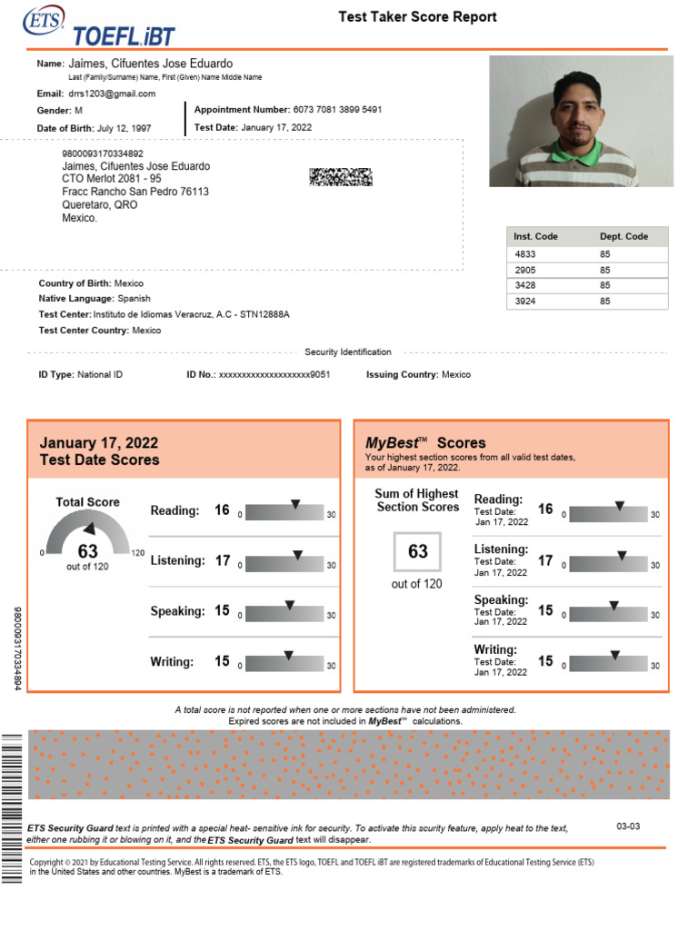 Test Taker Score Report30082021. | PDF | Test Of English As A Foreign ...