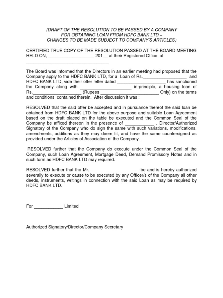 Draft - Board Resolution HDFC Bank Format | PDF | Finance & Money ...
