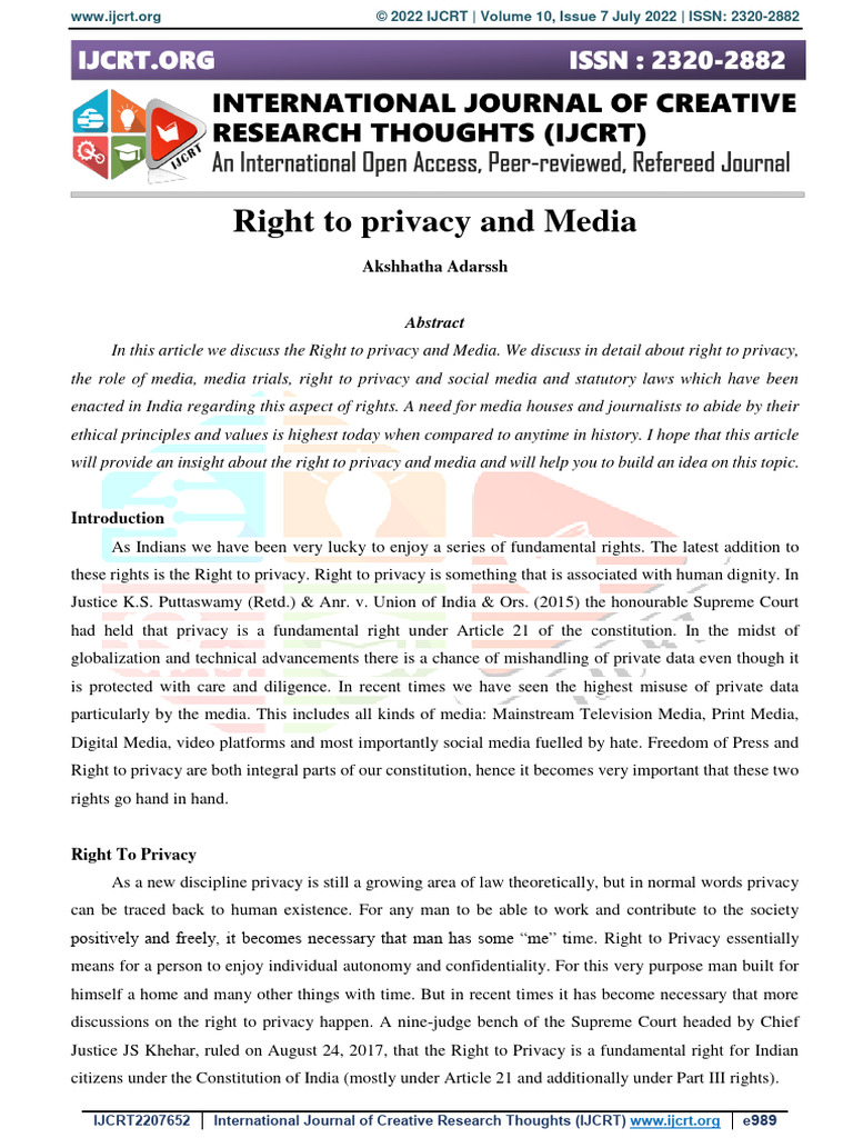 Right To Privacy and Media | PDF | Right To Privacy | Privacy