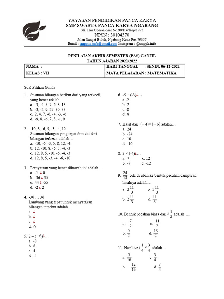 Soal Pas MTK 7,8,9 | PDF