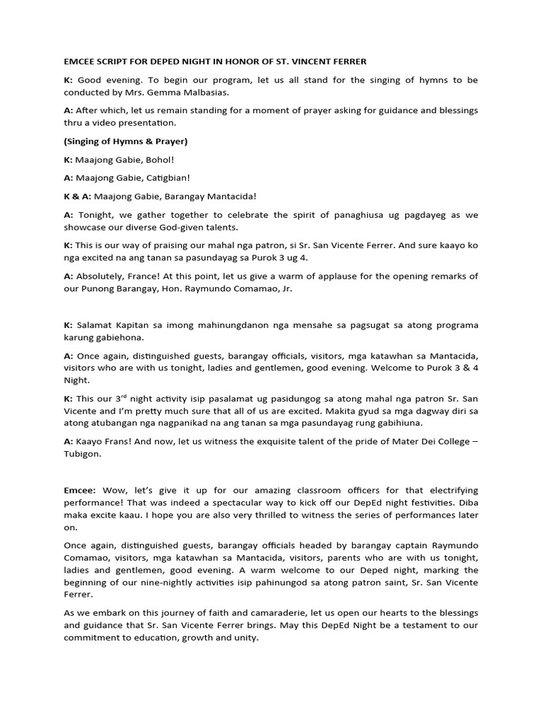 Emcee Script Deped Mantacida Night | PDF
