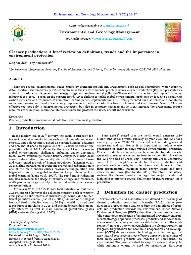 Asyaifuddin,+Cleaner Production a Brief Review on Definitions Trends and the Importance in ...