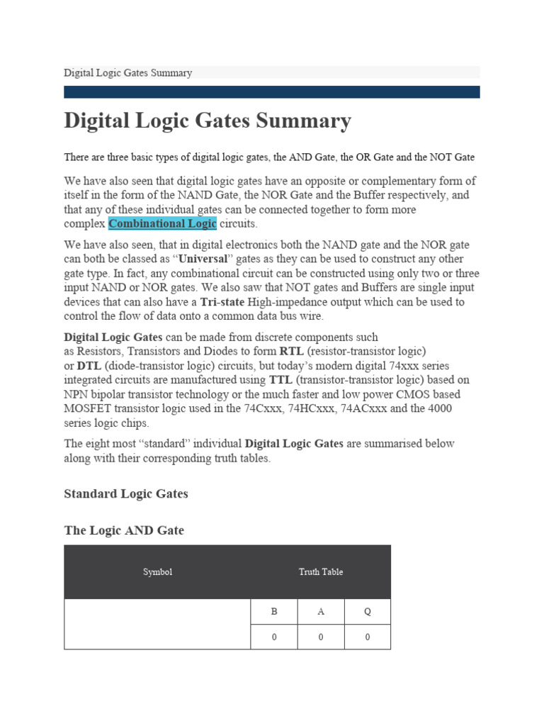 Digital Logic Gates Summary | PDF | Logic Gate | Digital Technology