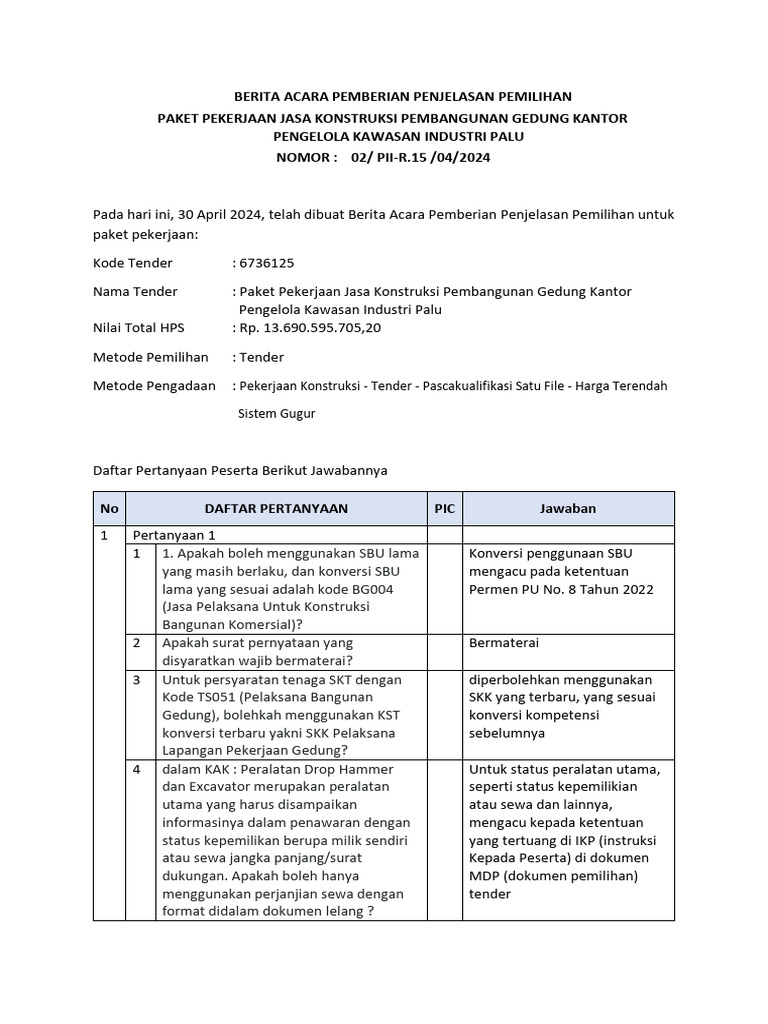 02 PII-R15 042 024 Berita Acara Penjelasan Pemilihan 30 April 2024 | PDF | Pengelolaan Keuangan ...