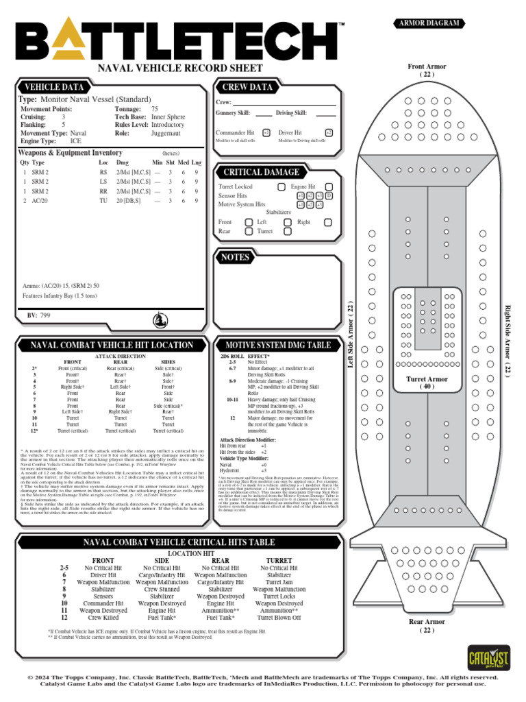Monitor Naval Vessel (Standard) | PDF | Battle Tech | Military Science