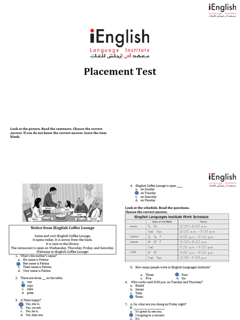 English Placement Test Questions | PDF