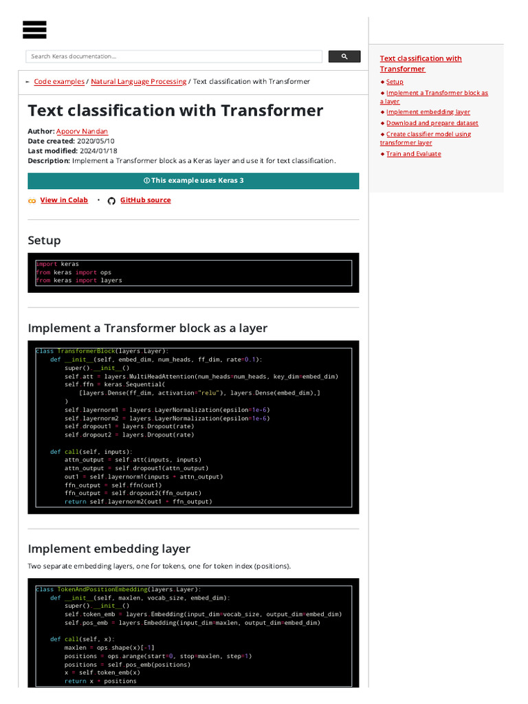 Transformer Text Classification in Keras | PDF | Computational ...