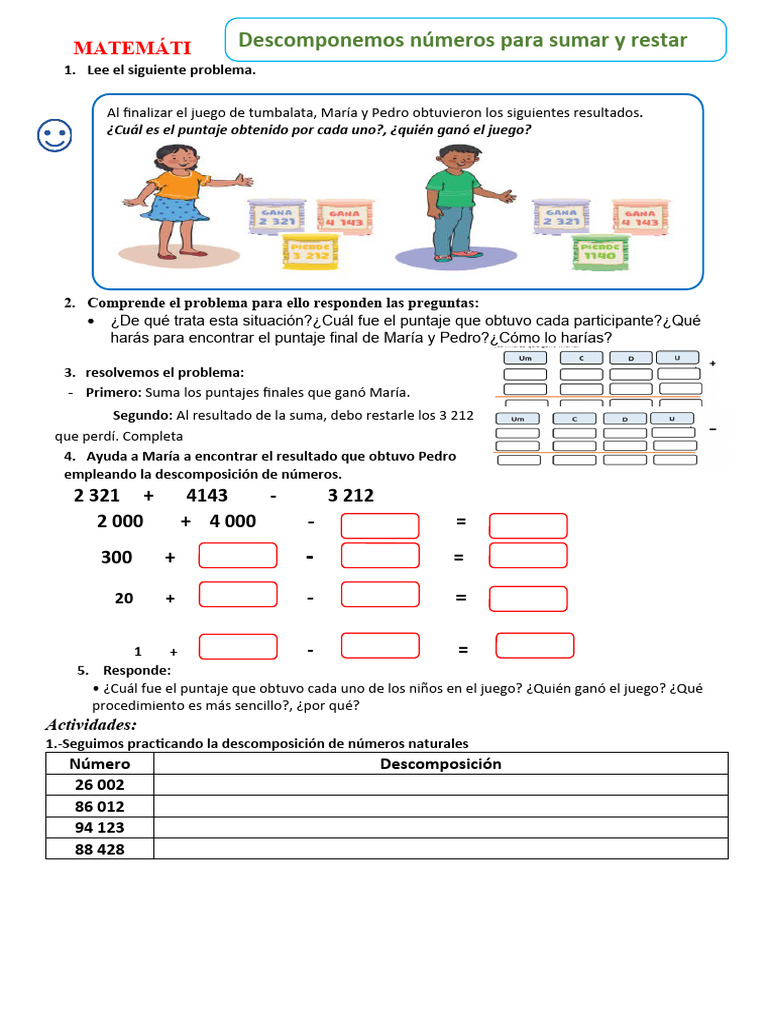 D2 A1 FICHA MAT. Descomponemos Números para Sumar y Restar | PDF