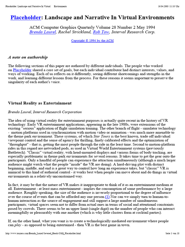 Landscape and Narrative in Virtual Environments | PDF | Virtual Reality ...