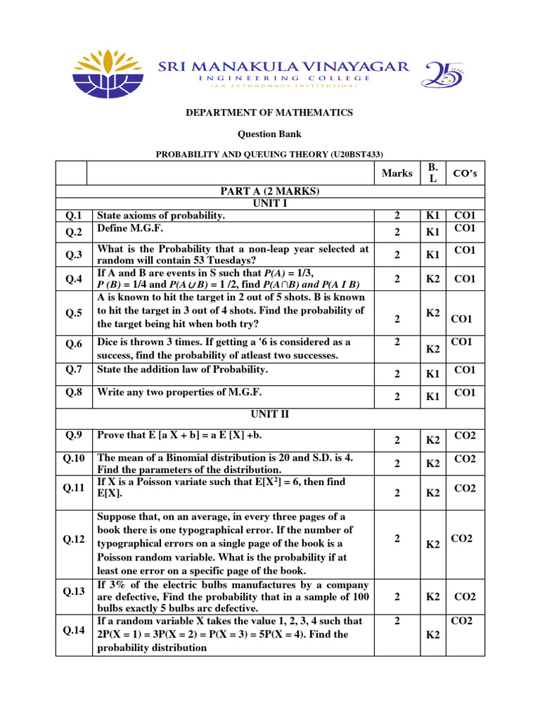 Probability and Queuing Theory Question Bank | PDF | Probability ...