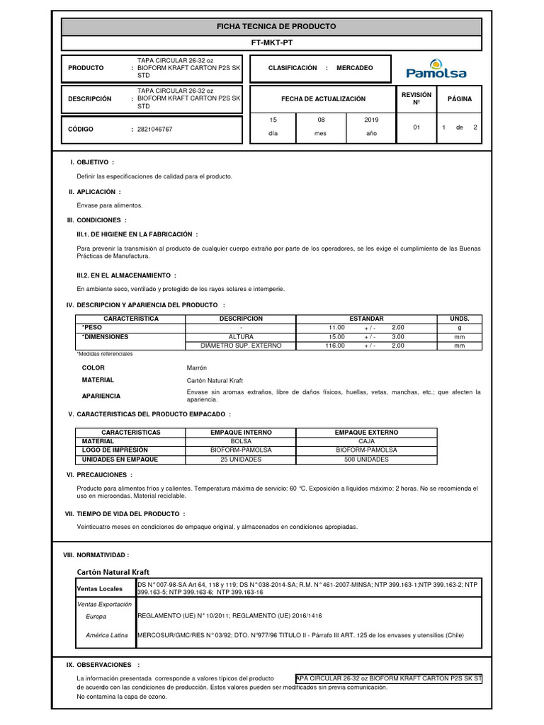 FT-MKT-PT (TC 26-32 Oz Bio Kraft Carton P2S) | PDF | Cartón