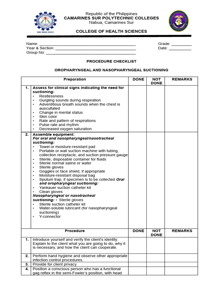 OROPHARYNGEAL-AND-NASOPHARYNGEAL-SUCTIONING-Checklist | PDF | Breathing | Clinical Medicine