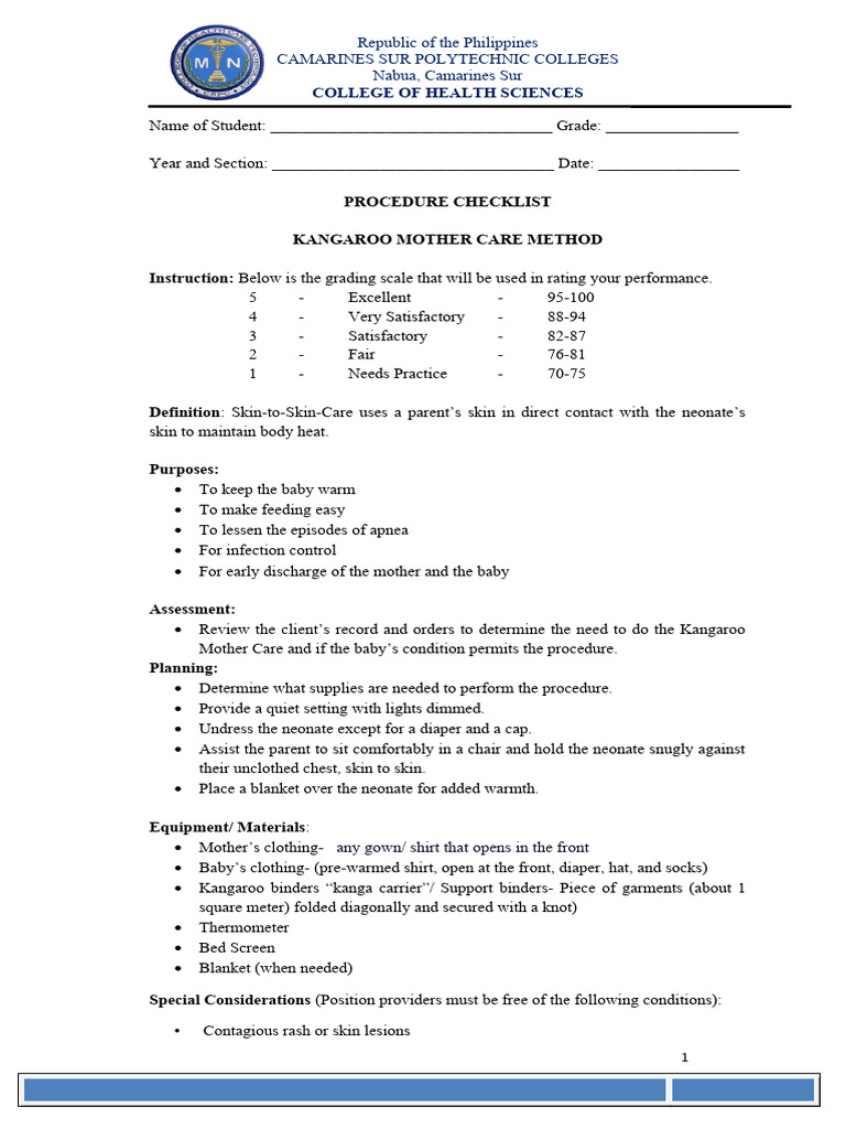 Kangaroo Mother Care Procedure Checklist | PDF | Clinical Medicine ...