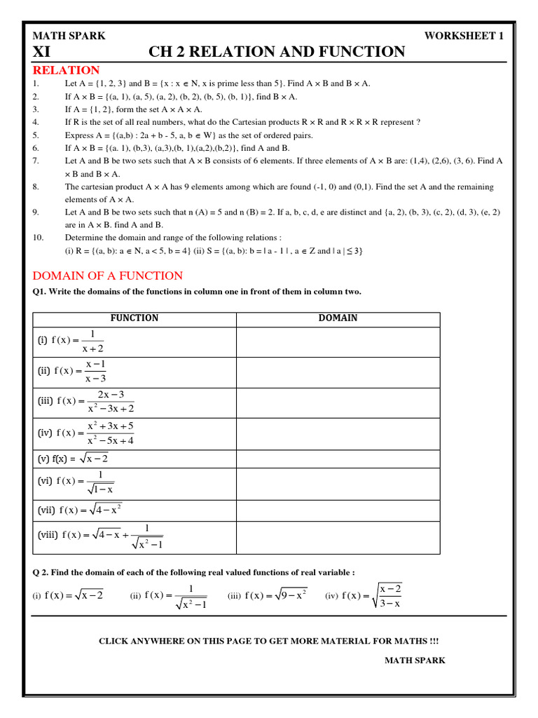Xi Maths Relation Function-Worksheet 1 | PDF | Function (Mathematics ...