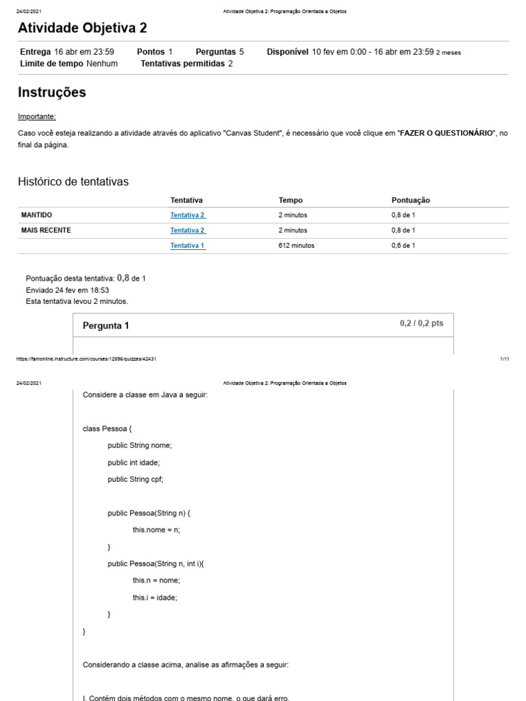Atividade Objetiva 2 Programação Orientada A Objetos Pdf Classe