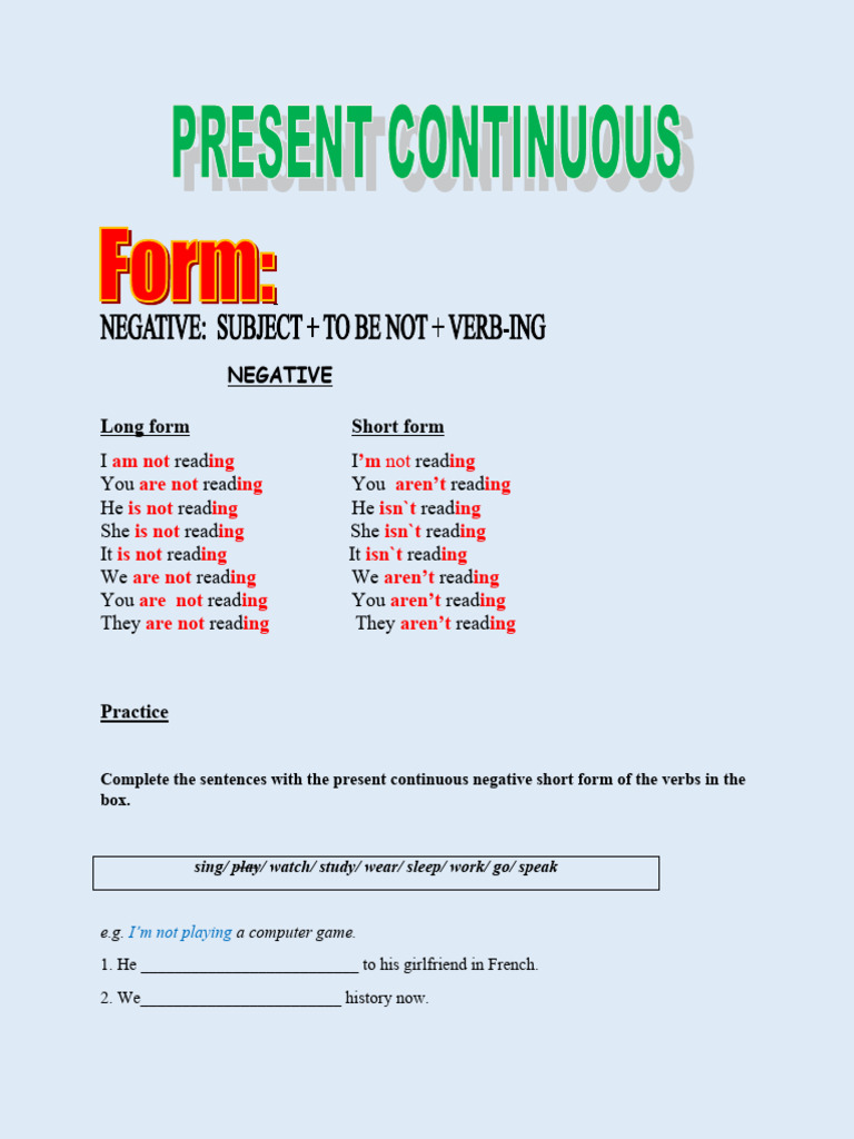 Present Continuous Negative Exercises | PDF | Language Arts ...