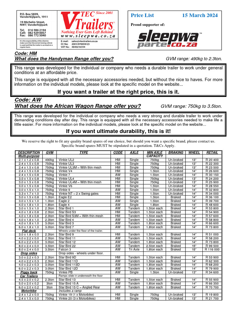 V-Tec Trailer Price List 2024 | PDF | Land Vehicles | Vehicles