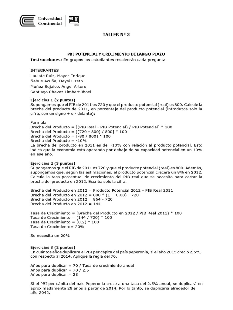 s4-TALLER N° 3 - Ejercicios del PBI | PDF