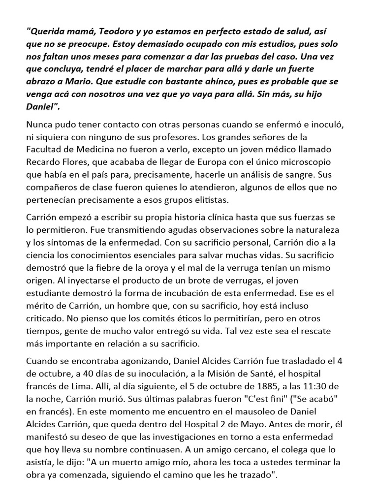 Legado de Daniel Alcides Carrión | PDF | Medicina CLINICA | Epidemiología