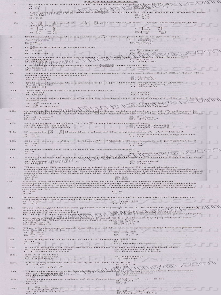 UET Lahore ECAT Entrance Test 2015 Mathematics | PDF