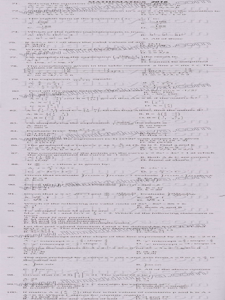 UET Lahore ECAT Entrance Test 2016 Mathematics | PDF