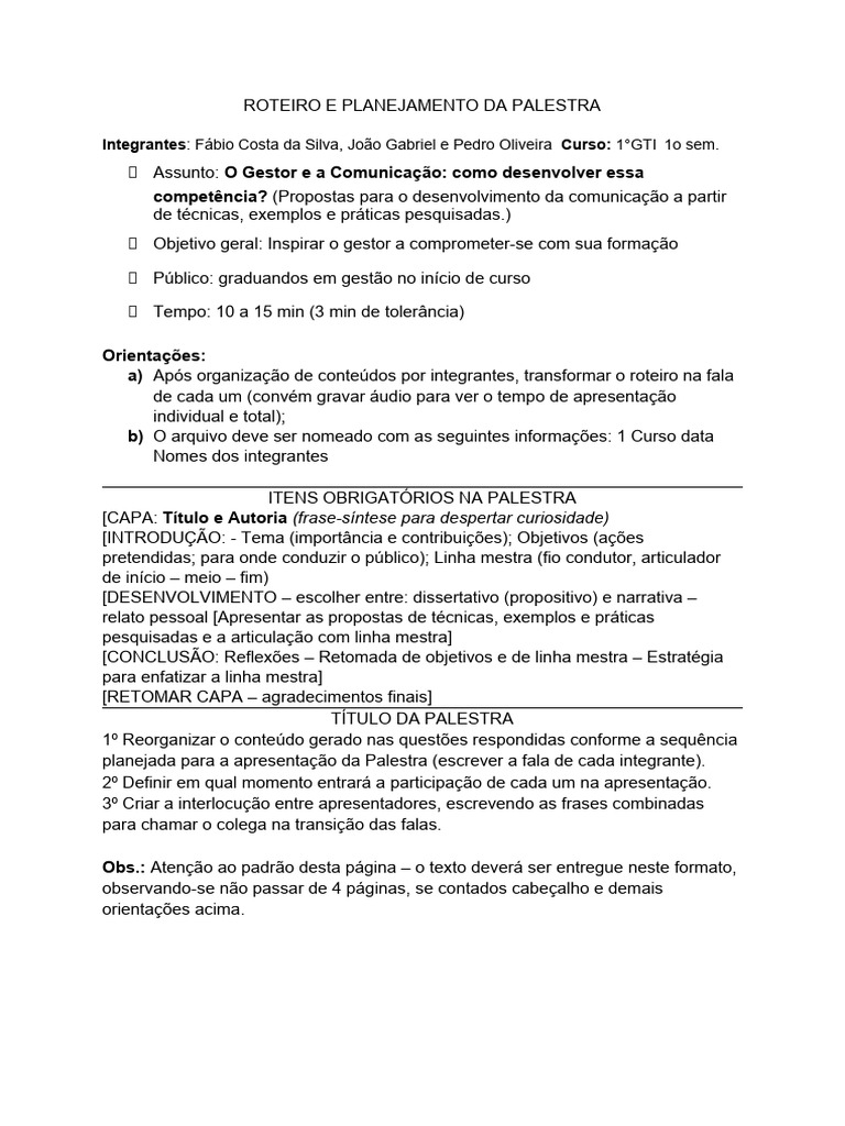 Avaliação Final Do Roteiro E Planejamento Da Palestra Em Comexp 1ºs24 Pdf