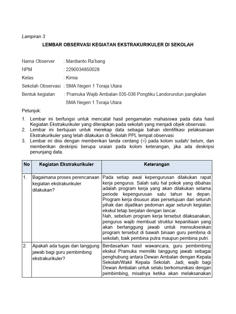 3 Lembar Observasi Ekstrakurikuler Sekolah | PDF