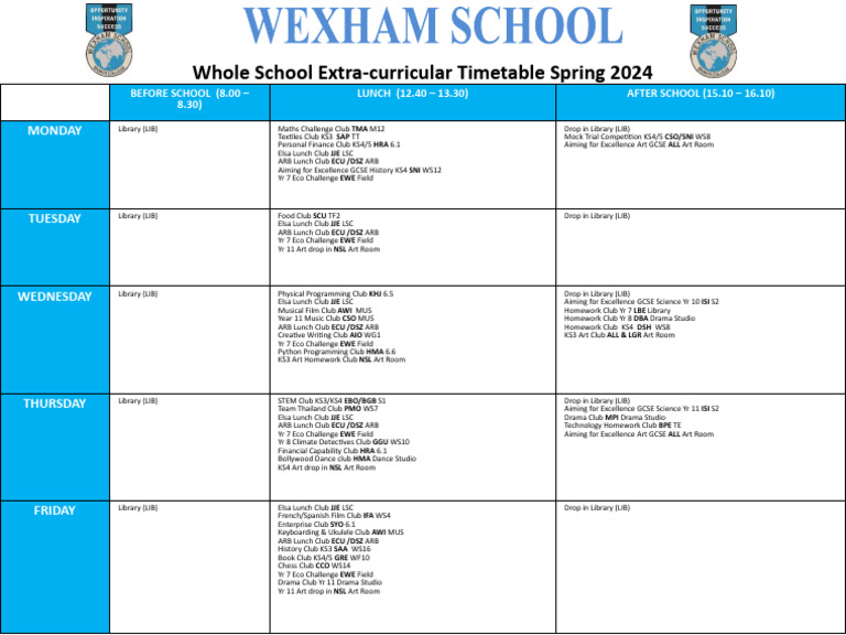 Spring 2024 Extra-Curricular Timetable | PDF