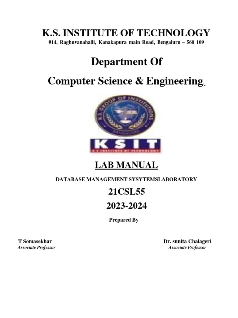 Dbms 2021 Lab Manual Ksit - Copy-1 | PDF | Relational Model | Relational Database