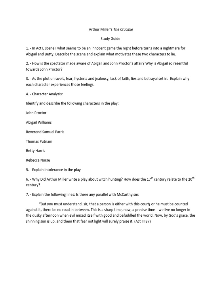 The Crucible Study Guide Overview | PDF
